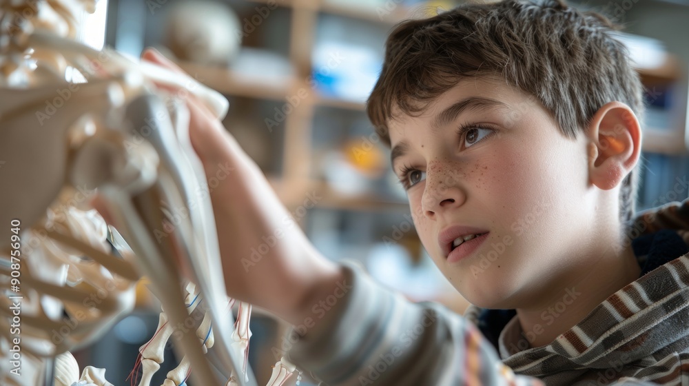 A young boy intently studying a human skeleton model in a classroom ...