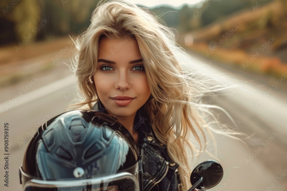 Beautiful blonde biker girl posing sitting on a vintage motorcycle on a ...