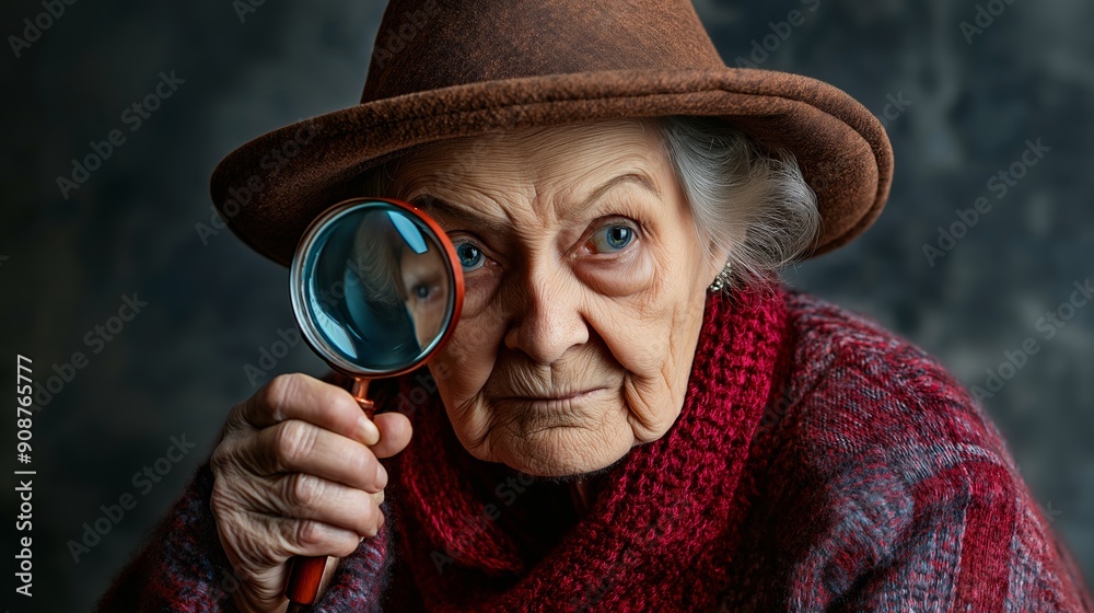 A woman in a red sweater and a brown hat is holding a magnifying glass ...