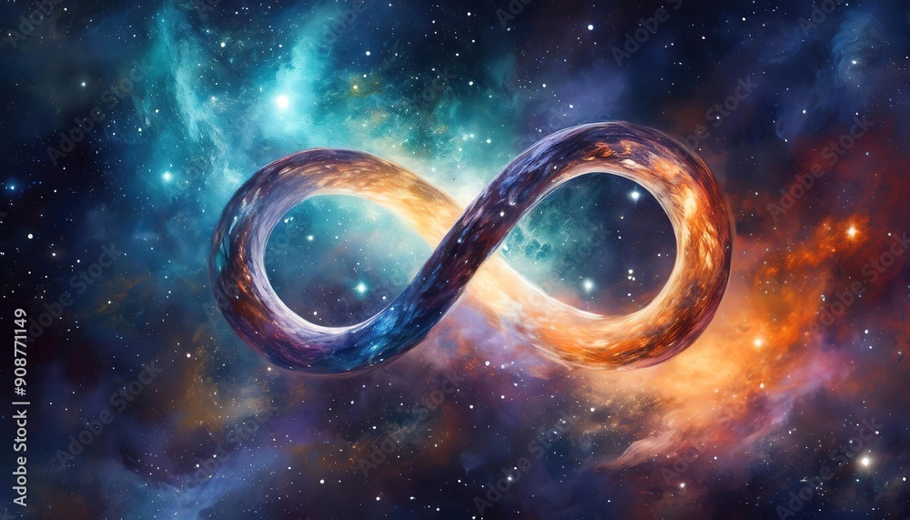 Cosmic infinity symbol, nebula colors painted across its surface ...