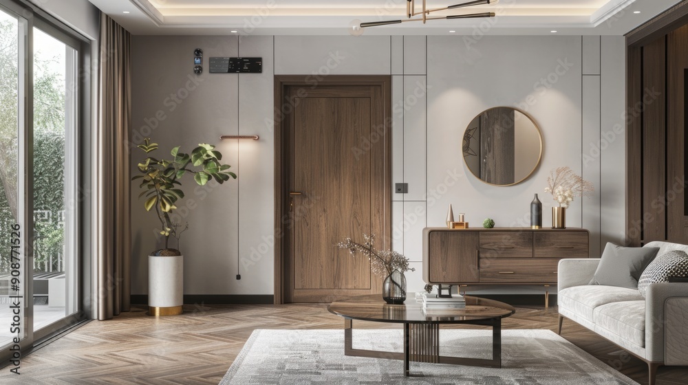 Interior Door in Modern Living Room Setting: 3D Rendering of Stylish ...