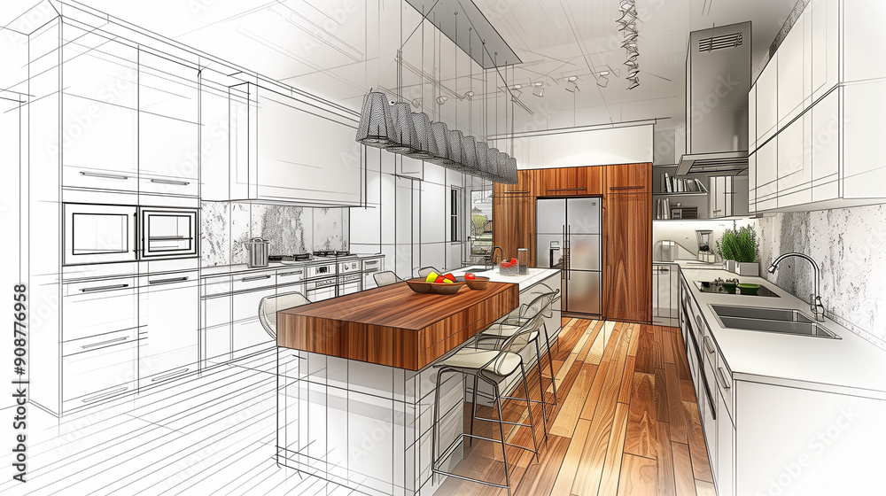 "Modern kitchen interior design featuring white and wood colors with ...