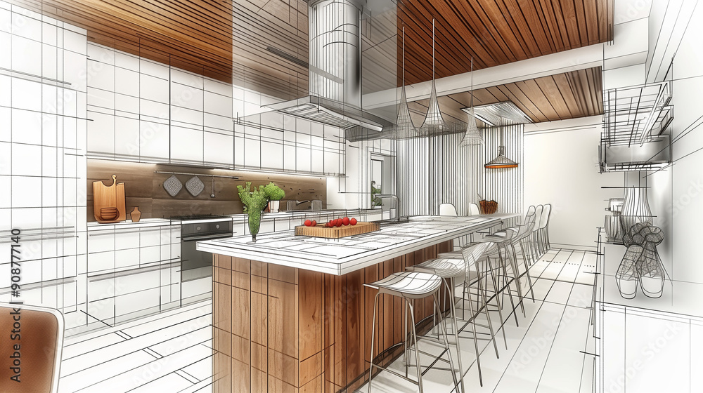 "Modern kitchen interior design featuring white and wood colors with ...