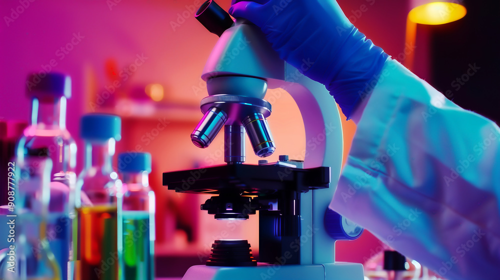 Scientist using a microscope in a modern laboratory setting with test ...