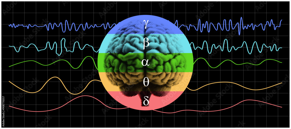 Different kinds of waveforms are produced by brain activity. A colorful ...