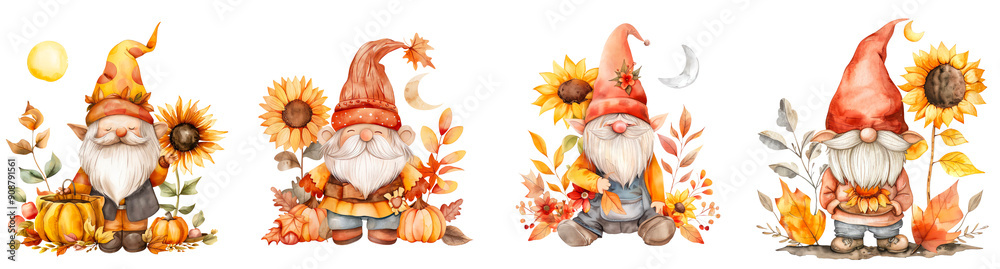 Set of Kawaii Gnome in autumn attire with sunflower and harvest moon ...