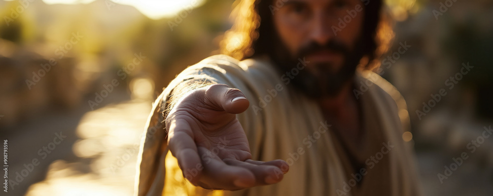 Jesus Christ in robe extending hand forward in an ancient outdoor ...