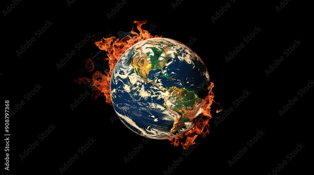 Planet Earth globe burning, destroyed by fire, conceptual illustration ...