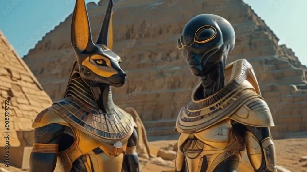 Ancient Egyptian God Anubis with alien in front of Egyptian pyramids ...