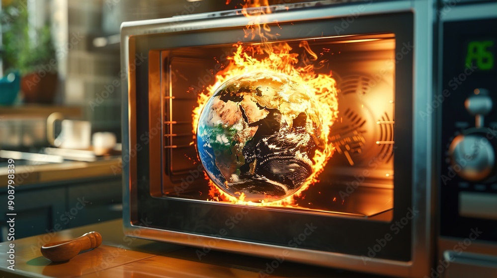 Planet Earth globe is burning in a microwave oven, conceptual ...
