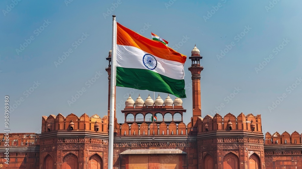 Pride of India: Indian Flag Waving at Red Fort with Copy Space ...