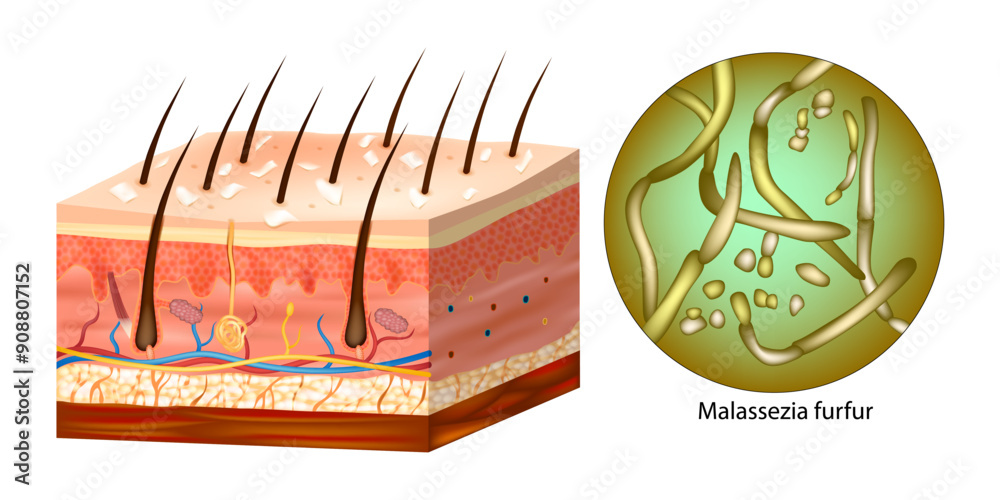 Human hair with dandruff of microscopic fungi Malassezia furfur that ...