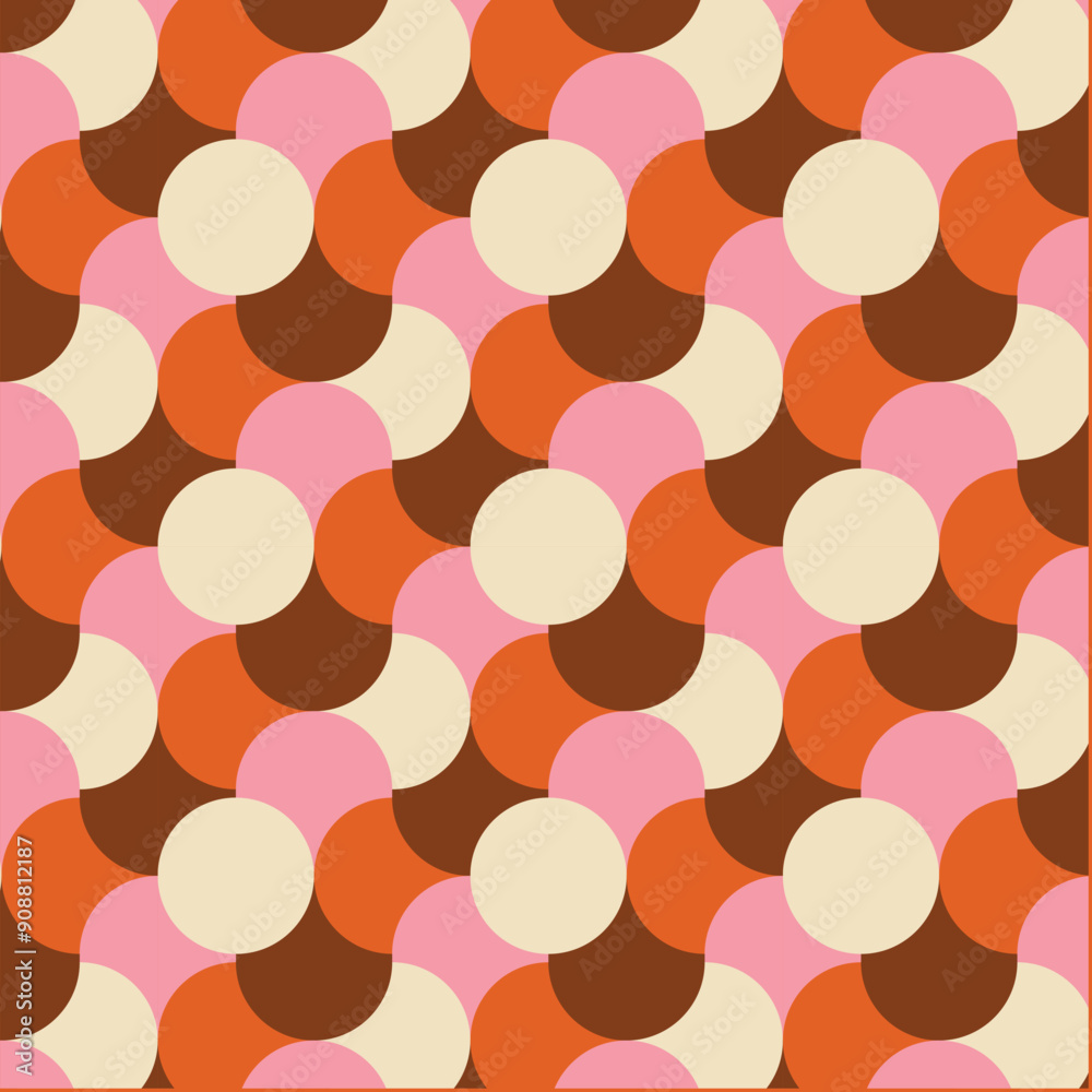 Vintage 70s Circular Pattern in Orange, Pink, and Cream. This seamless ...