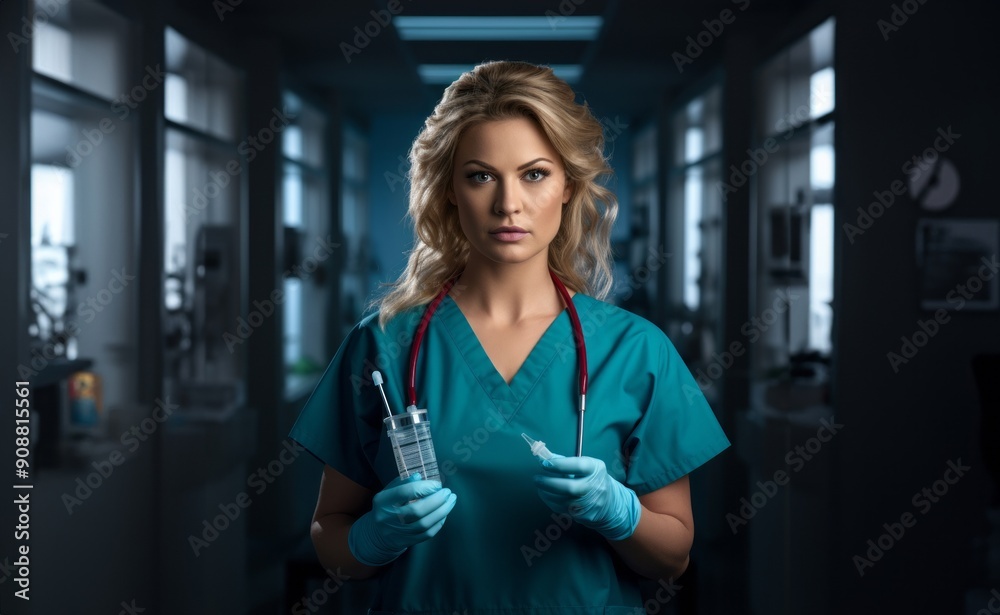 In a modern medical setting, a beautiful and confident female doctor is ...