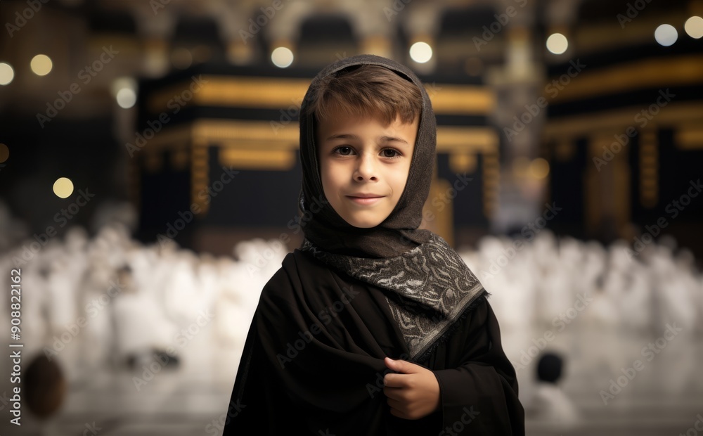 Portraits of Muslim children in pilgrimage attire at the sacred Kaaba ...