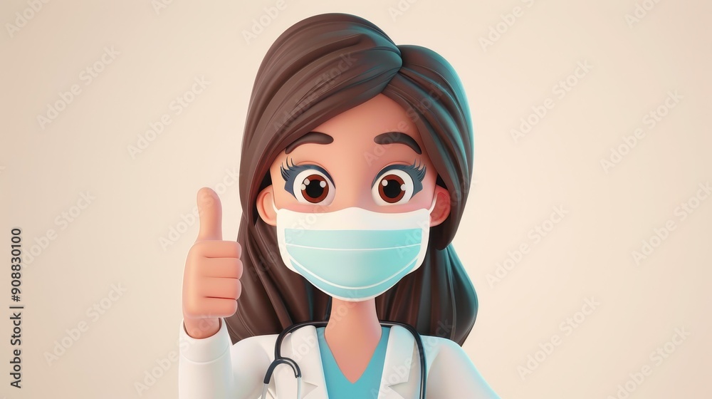 Cute doctor cartoon woman in a face mask gives a thumbs up. Bright and ...