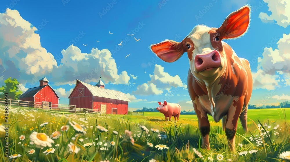Beautiful simple drawing of a cow and pig on a red farm barn background ...