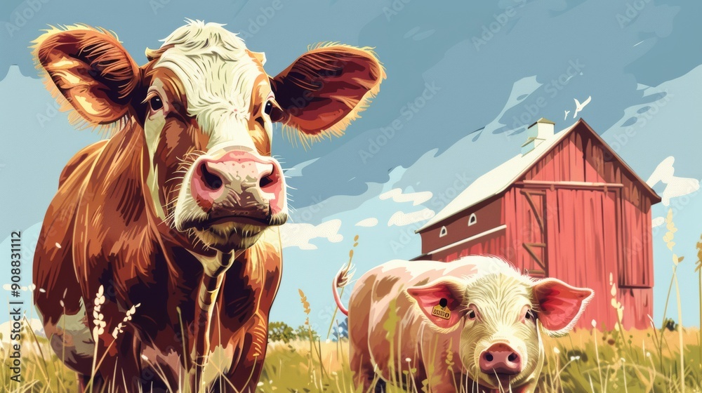 Beautiful simple drawing of a cow and pig on a red farm barn background ...
