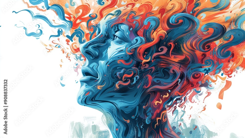 Vector Illustration of Man's Head Symbolizing Overthinking - Swirling ...