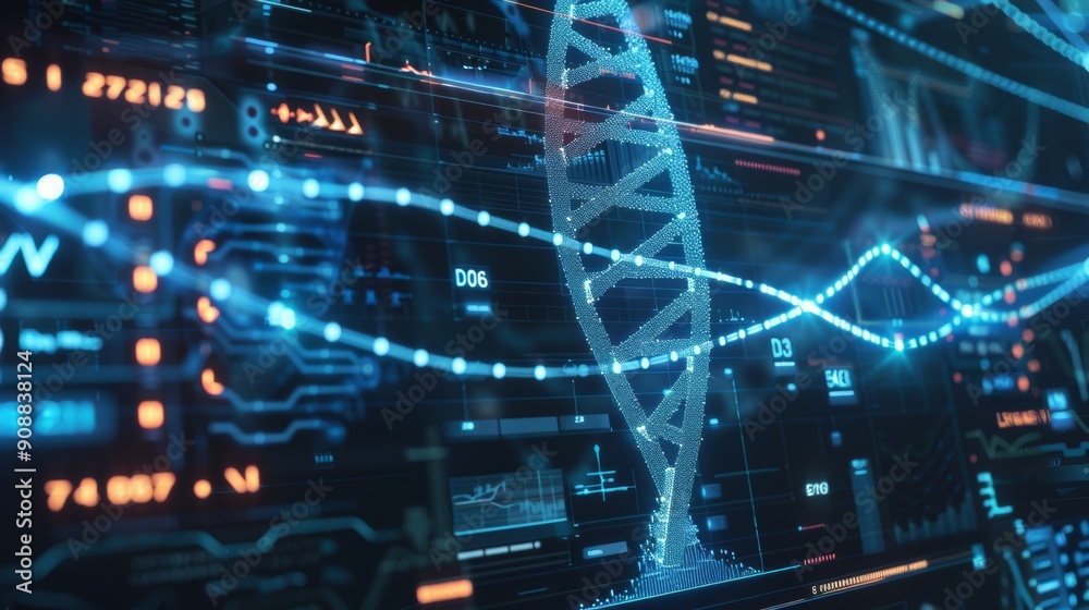 DNA photo on medical screen, hologram, science, data analysis, HUD ...