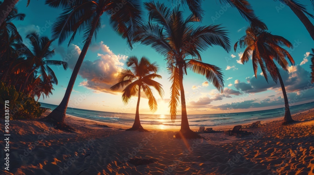 Evening on the beach with beautiful palm trees view. Evening on the ...