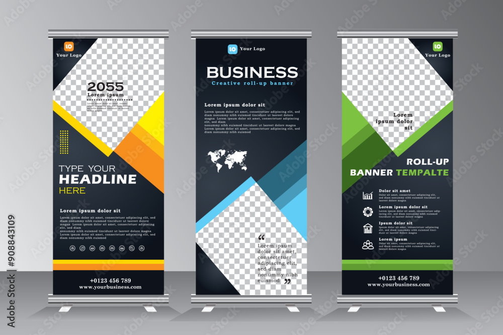 Vetor de Business roll up banner design set with yellow, blue and green ...