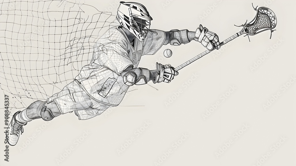 Line Drawing of Lacrosse Goalie Making a Spectacular Save in Minimalist ...