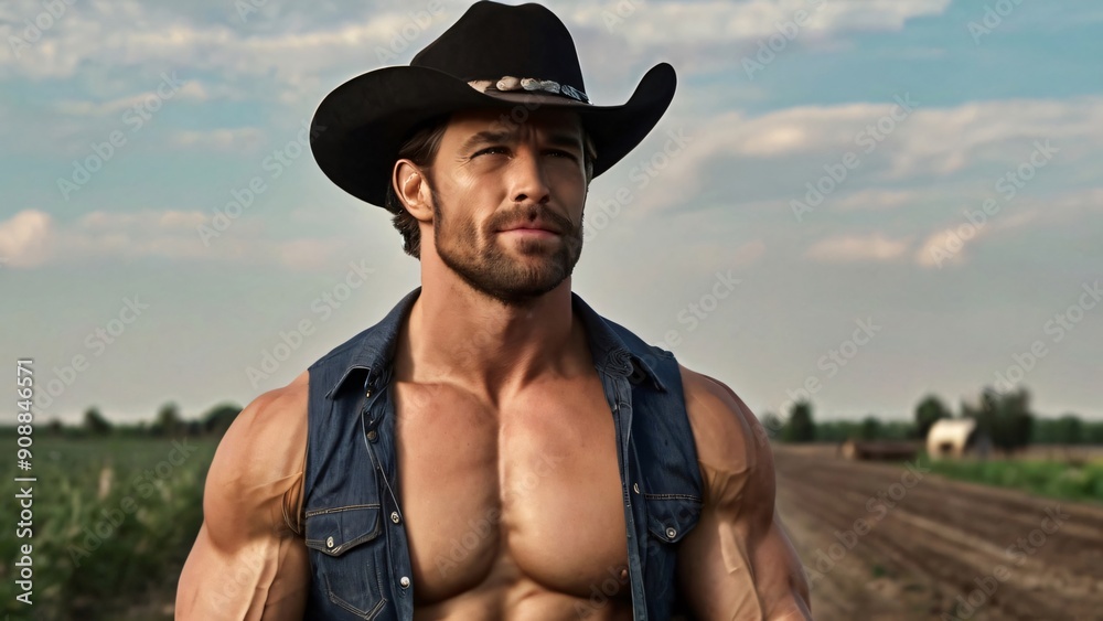 Handsome muscular cowboy in jeans, boots, and cowboy hat. Strong chest ...