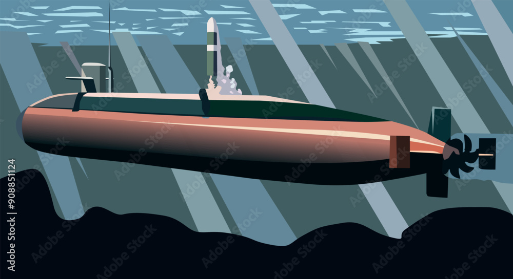 Submarine at sea. Vector illustration of a military submarine. To ...