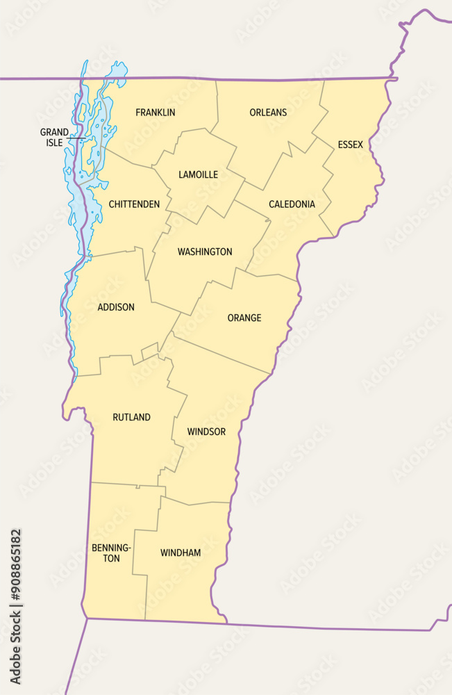 Vermont, U.S. state, subdivided into 14 counties, political map with ...