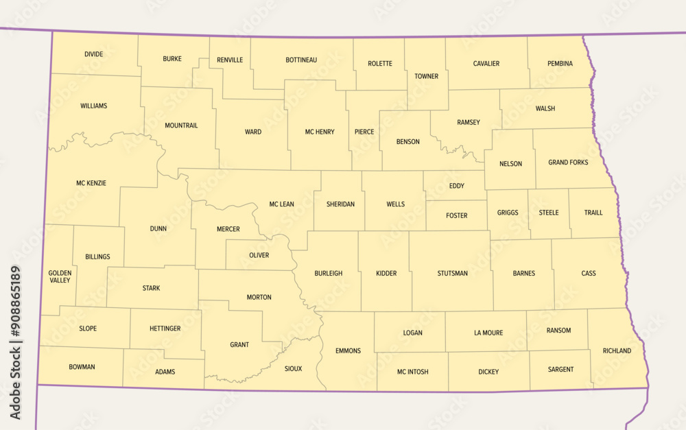 North Dakota, U.S. state, subdivided into 53 counties, political map ...