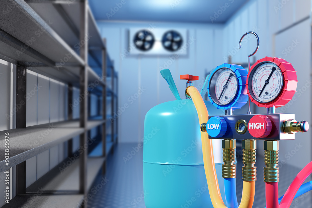 Freon tank in industrial refrigerator. Empty freezer warehouse. Freon ...