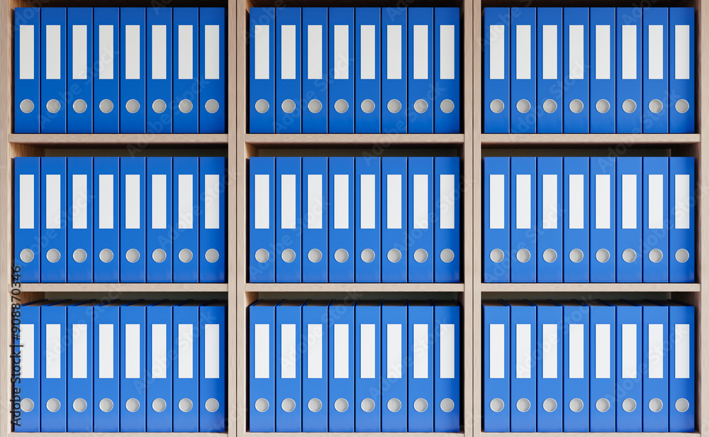 Archival shelving. Folders with documents on shelves. Background with ...