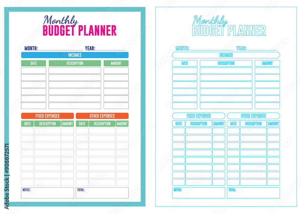 An Illustration of Monthly Budget Planner Templates in cmyk mode. Ready ...
