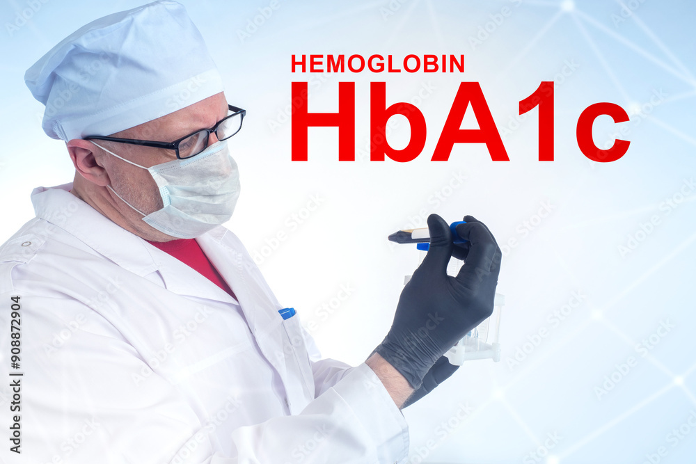 Hemoglobin analysis. Doctor with test tube of blood. Hemoglobin logo ...