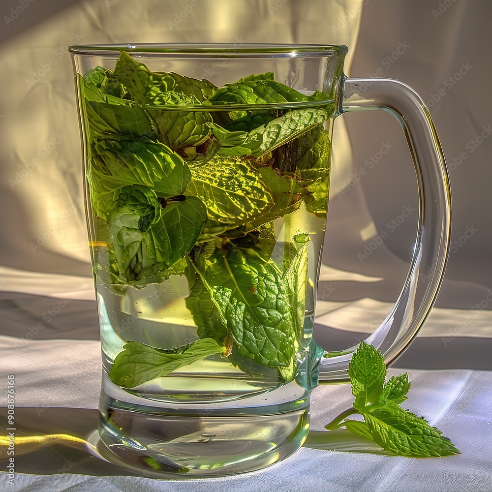A cup of fresh, nutritious peppermint tea with its distinctive aroma ...