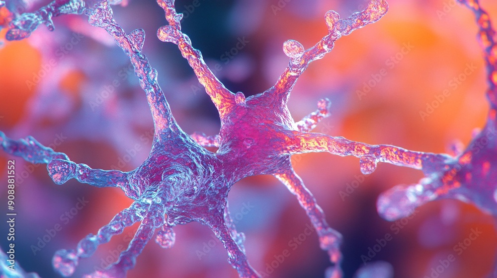 This detailed microscopic image reveals the intricate structure of a neuron network, showcasing ...