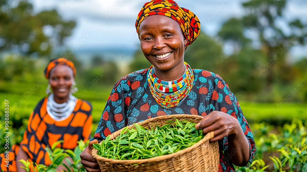 African woman in traditional clothing carefully picking tea leaves and placing them in a basket ...