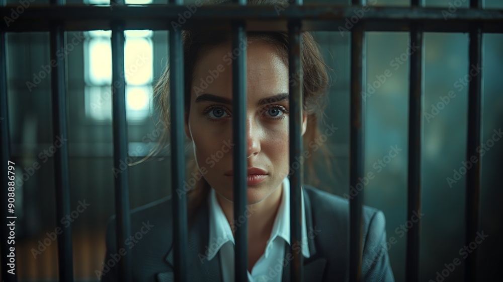 A woman in formal attire stares through prison bars, conveying a mix of ...