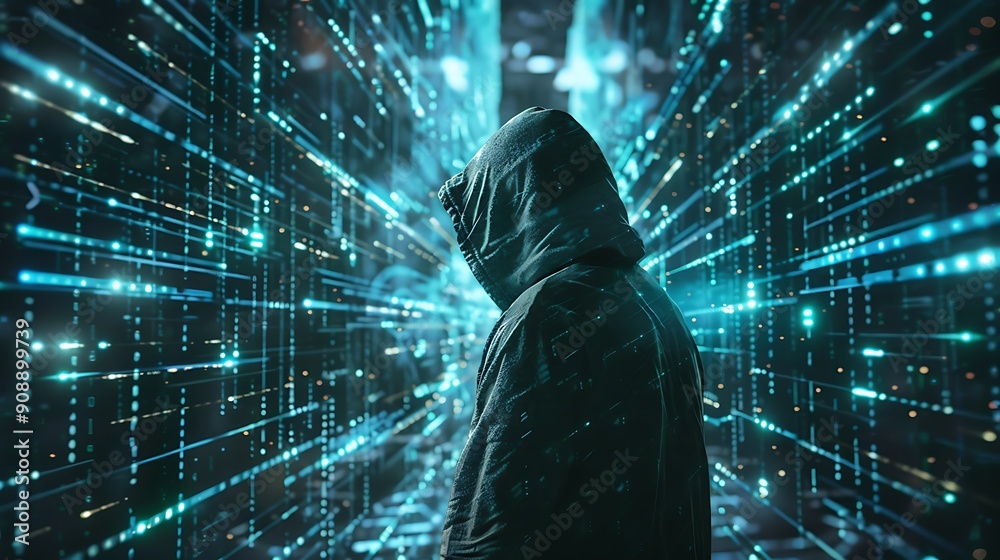 Cyberpunk Hacker in Digital Maze representing the complexities of the ...