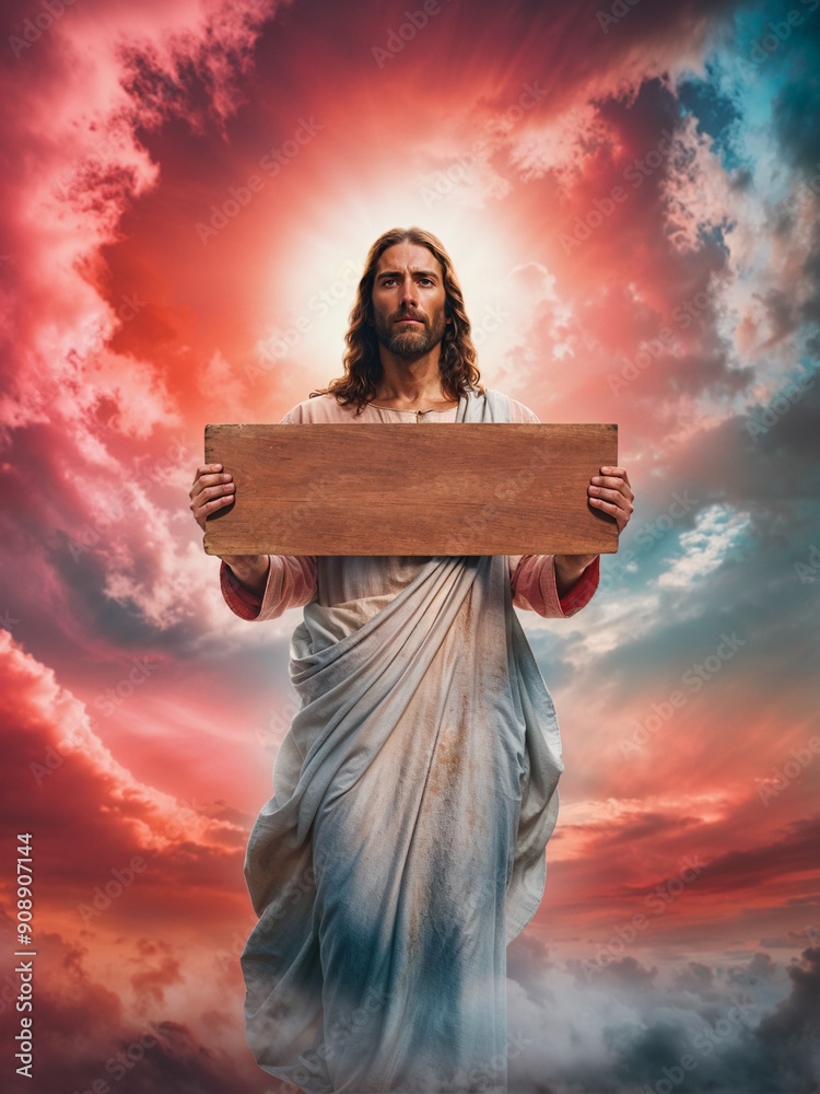 Jesus Christ holding a empty wooden banner. Add your text to the blank ...