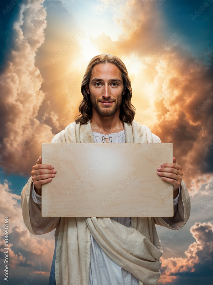 Jesus Christ holding a empty wood banner. Add your text to the blank ...