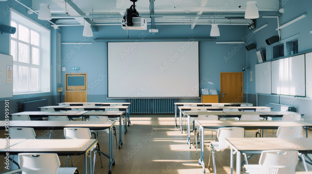 Quiet and orderly classroom featuring rows of white desks and chairs ...