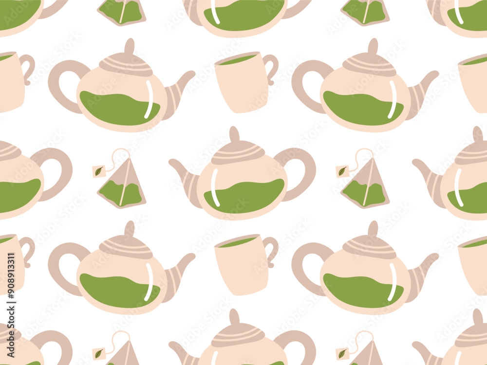 Seamless pattern with teapot, cups, tea bag. Vector illustration of ...