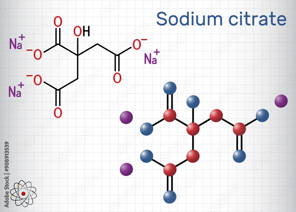 Sodium citrate, trisodium citrate molecule. Food additive ...