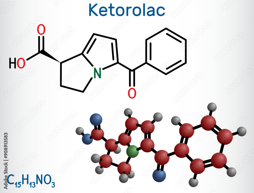 Ketorolac molecule. It is nonsteroidal anti-inflammatory drug NSAID ...