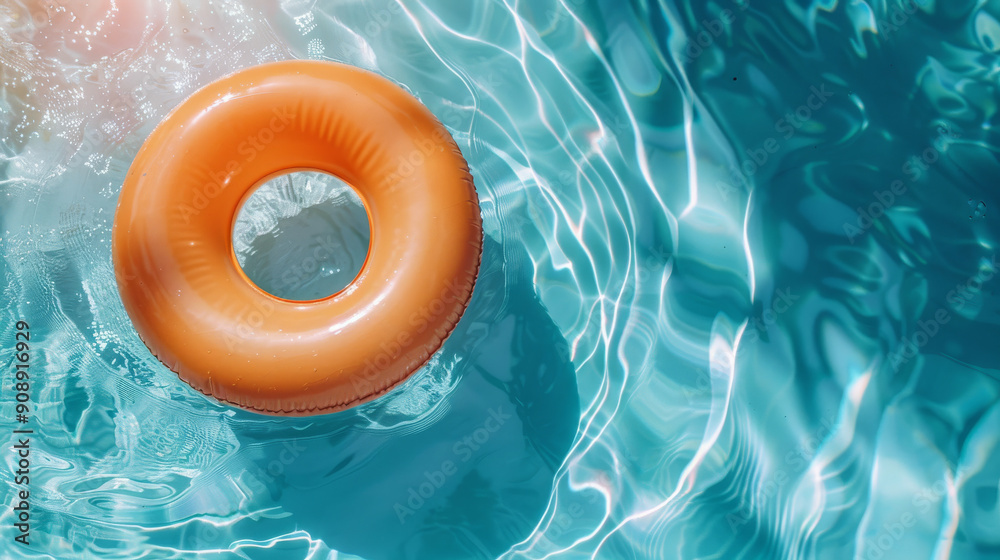 An orange inflatable pool ring floats on the sparkling surface of a ...