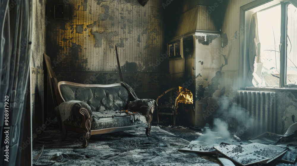 The charred interior of a living room, with burned furniture and smoke ...
