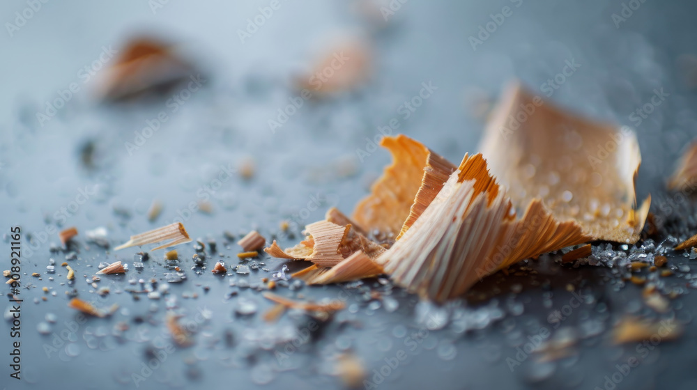Artistic close-up of pencil shavings scattered across a surface ...
