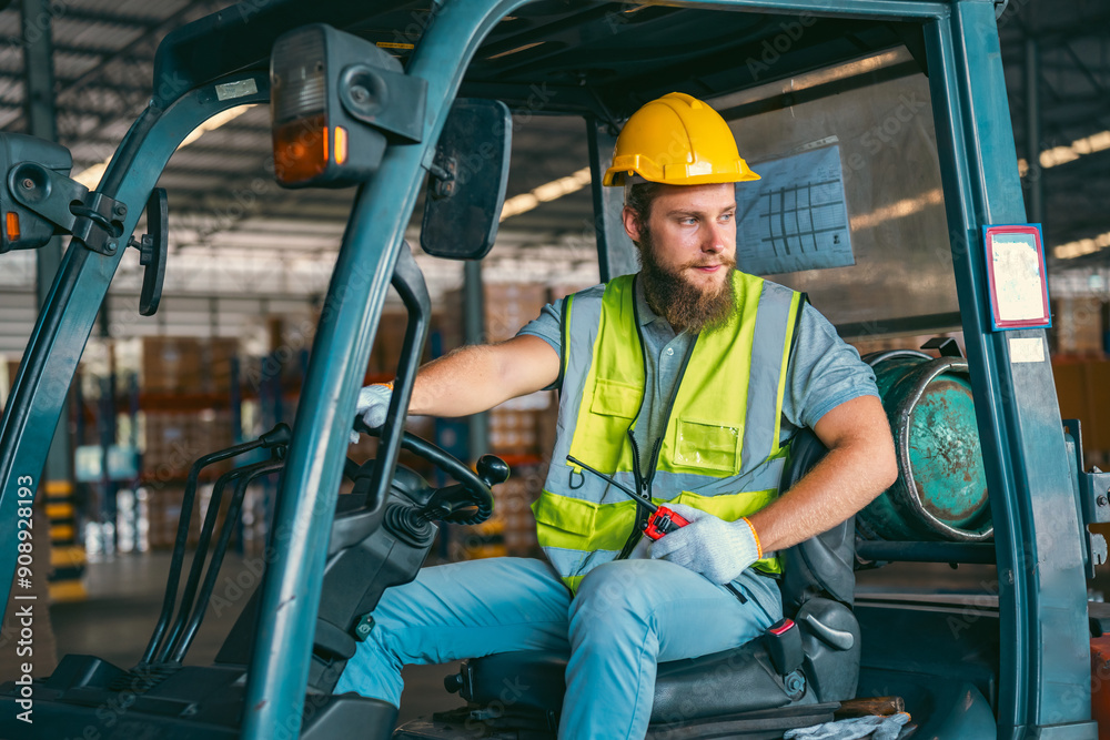 Efficient Factory Logistics, Men at Work Safely Operating Forklifts in ...